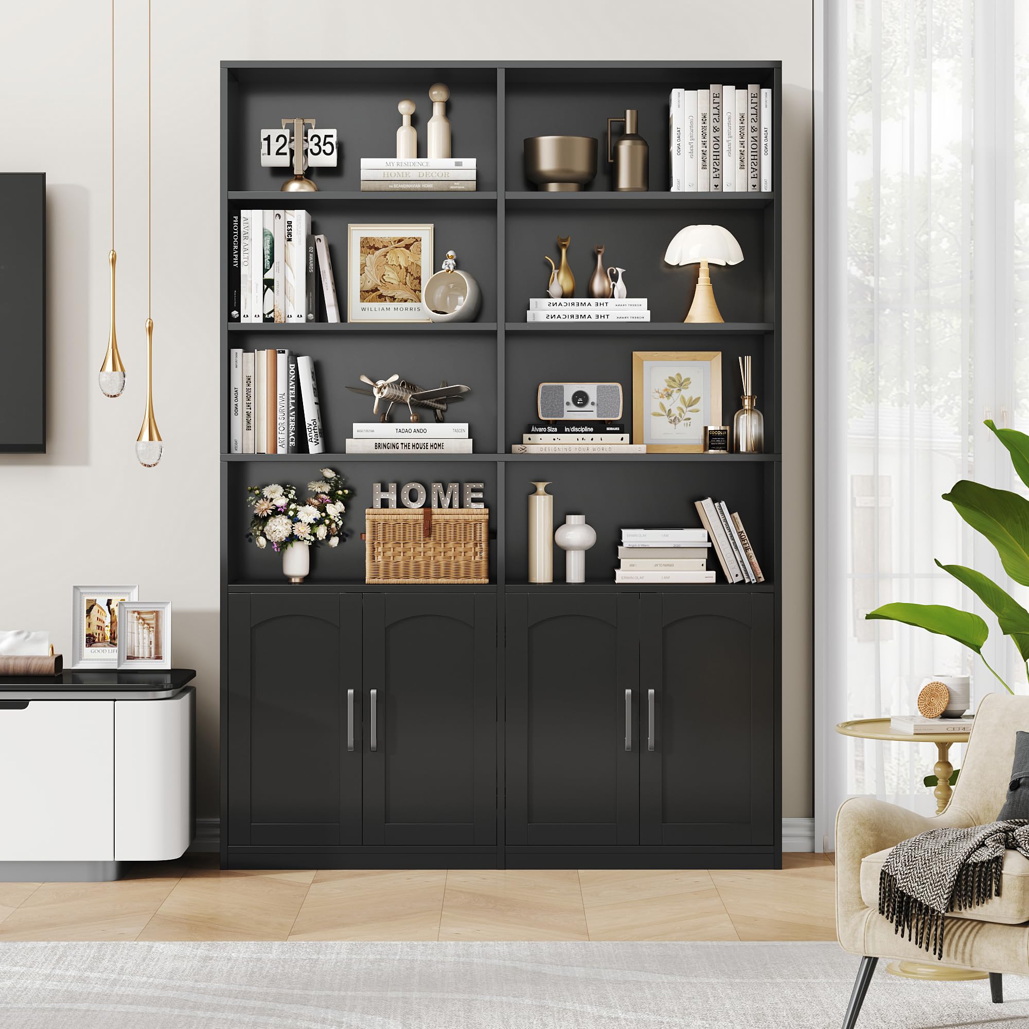 FACBOTALL Bookshelf and Bookcase with Doors, 6 Tier Double Wide Large Bookshelves, Open Display Shelves, 73'' Tall Bookcases for Home Office, Living Room, Library, Black