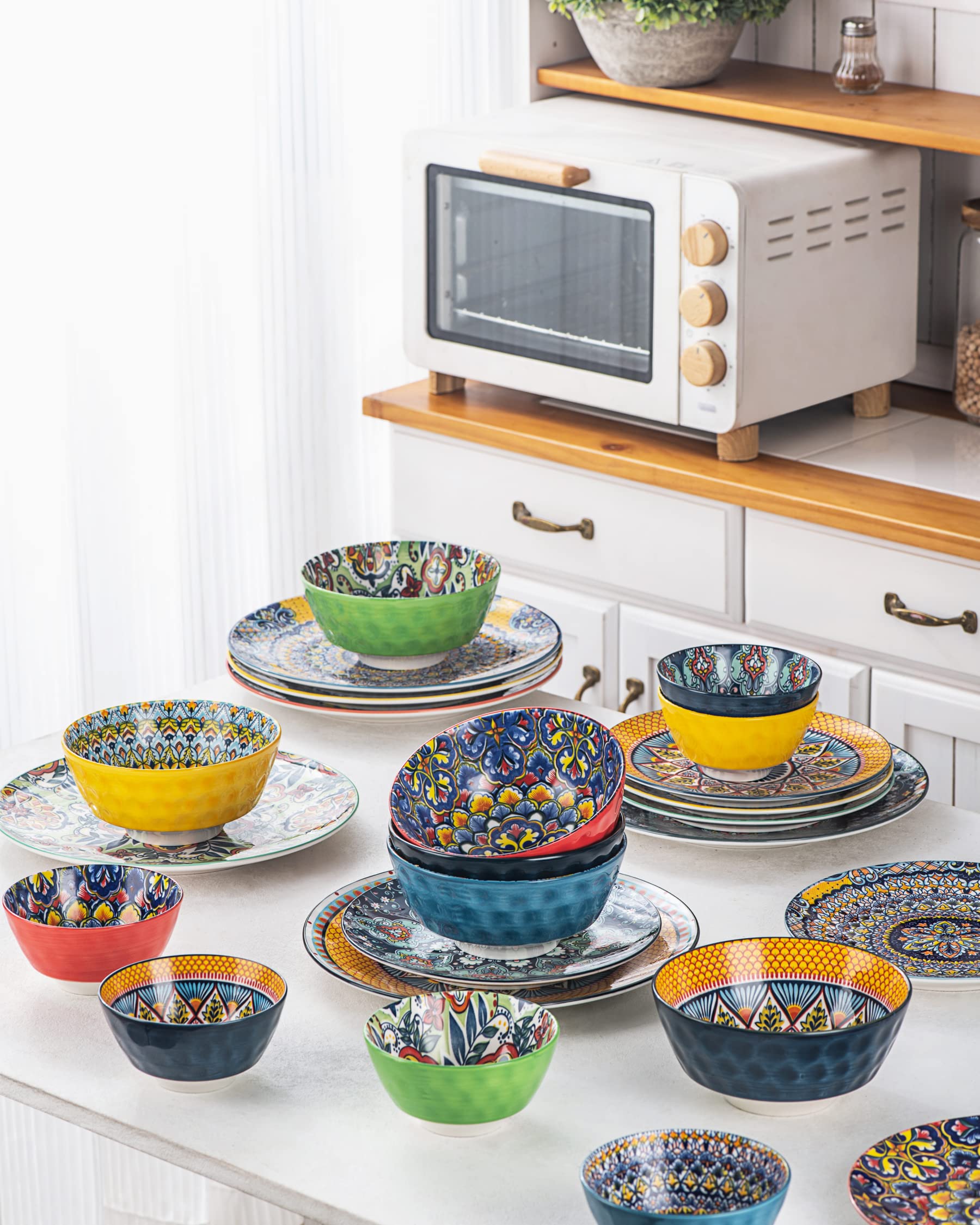 Dessert, Salad Plate Set 8.7 Inch, Colorful Ceramic Plates for Pasta, Appetizer, Snacks - Serving Dishes for Thanksgiving & Christmas, Dishwasher & Microwave Safe, Set of 6 - Bohemian Style