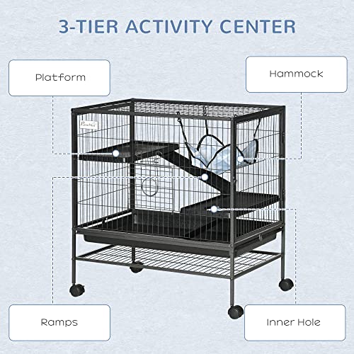 PawHut Small Animal Cage with Hammock, 3 Tiers Ferret Cage with Storage Shelf, Chinchilla Cage Sugar Glider Cage, Strong Metal Wire, Removable Tray