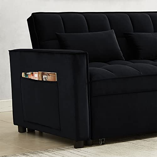 Holaki Convertible Velvet Sleeper Sofa Bed, 55.2" Velvet Loveseat Sofa Modern Pull Out Sofa Bed Lounge Chaise Armchair with Adjustable Backrest,2 Lumbar Pillows,Small Couch for Home Office(Black)