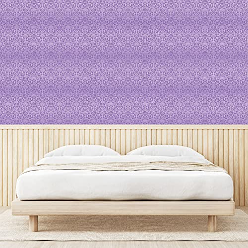 Lunarable Vintage Peel & Stick Wallpaper for Home, Western Medieval Motifs with Leafs and Curlicues Floral Damask Pattern, Self-Adhesive Living Room Kitchen Accent, 13" x 100", Lavender and Purple