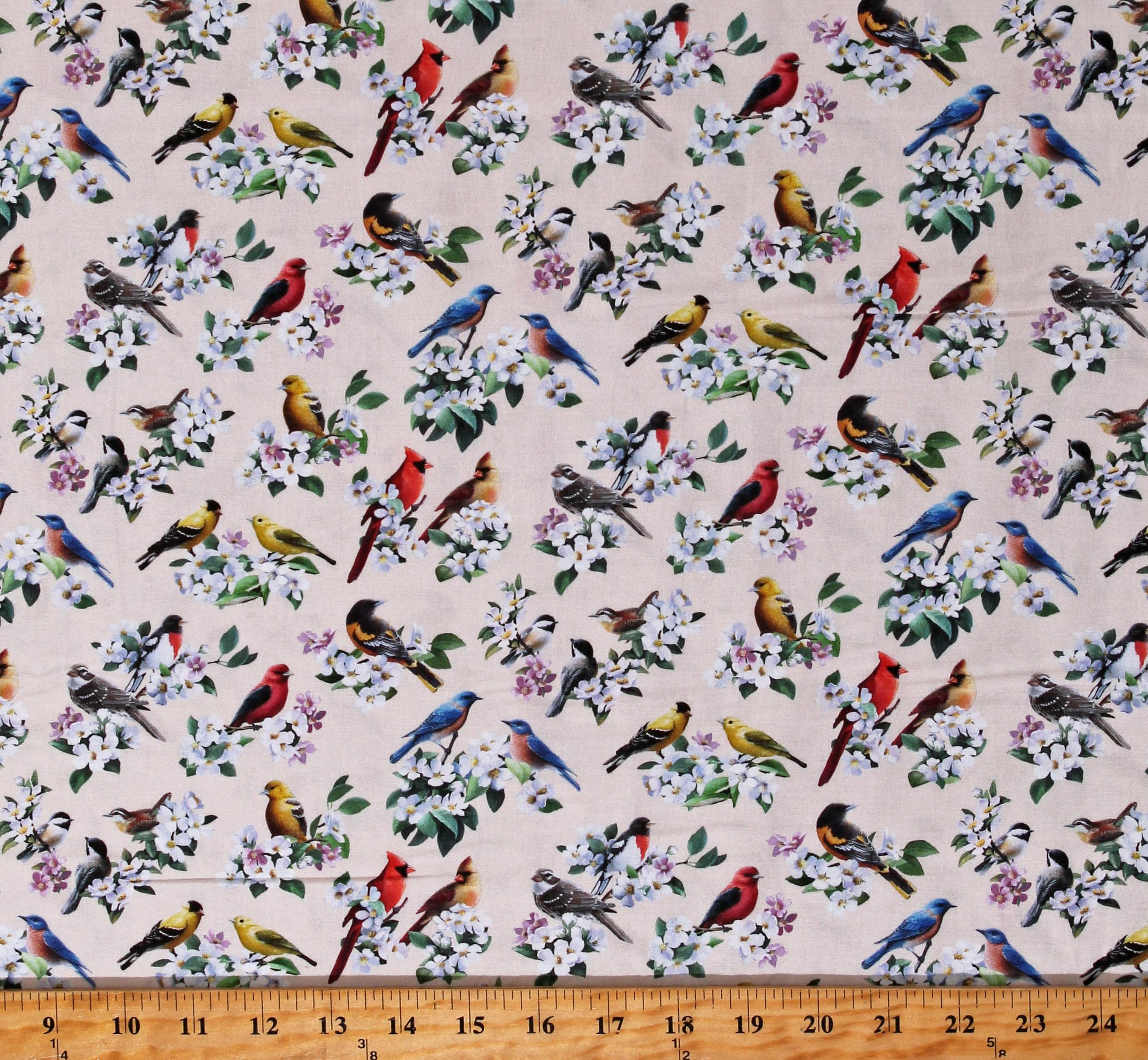 Elizabeth Studios Cotton Birds Flowers Plants Blossoms Tweethearts Blue Bird Floral Nature Cream Cotton Fabric Print by The Yard (40001-CREAM), 44 Inches