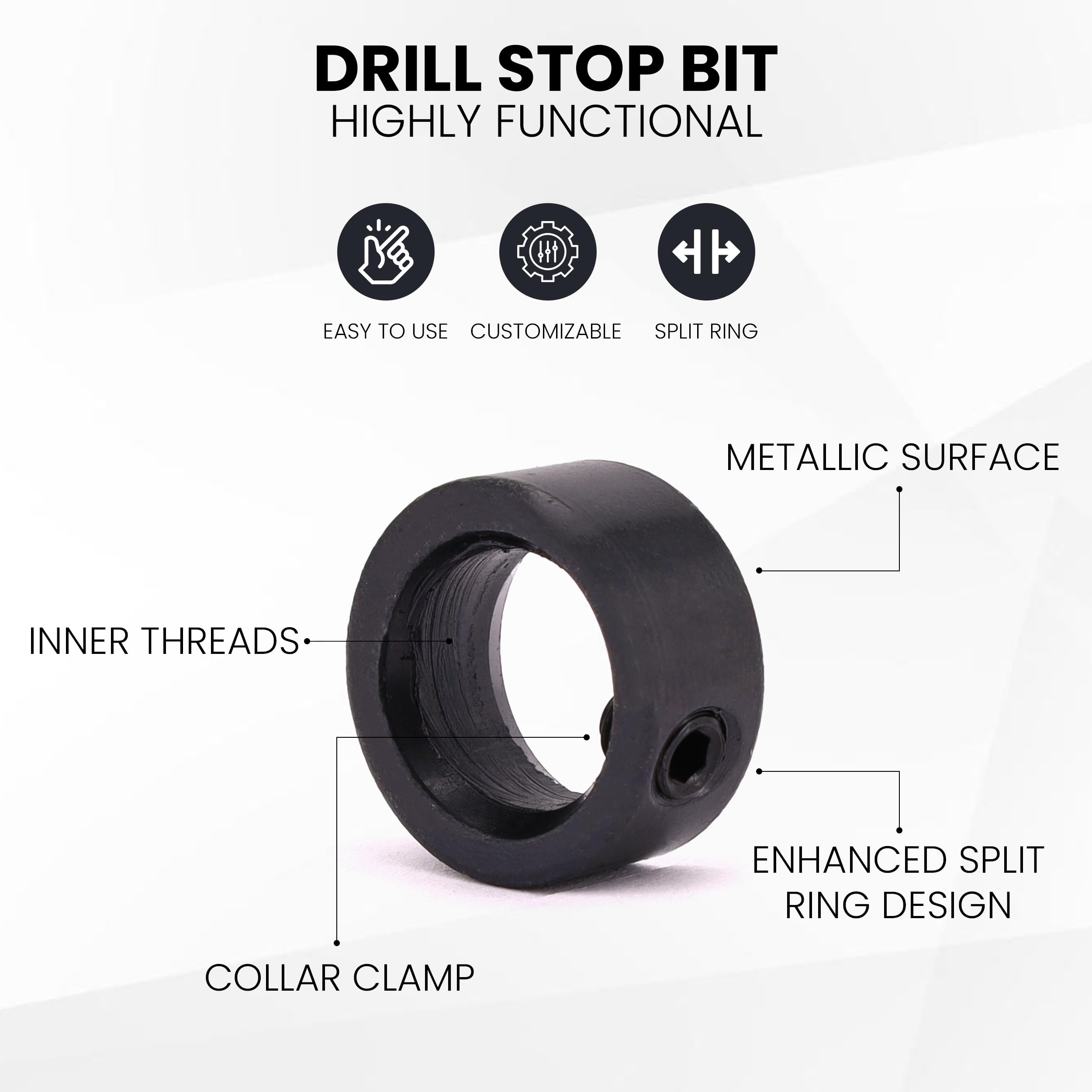 Drixet Drill Stop Bit Collar Set – Kit Includes: 1/8", 3/16”, 1/4”, 5/16”, 3/8”, 7/16” and 1/2-Inch with Allen Wrench to Tighten The Stops Set-Screws (7-Piece)