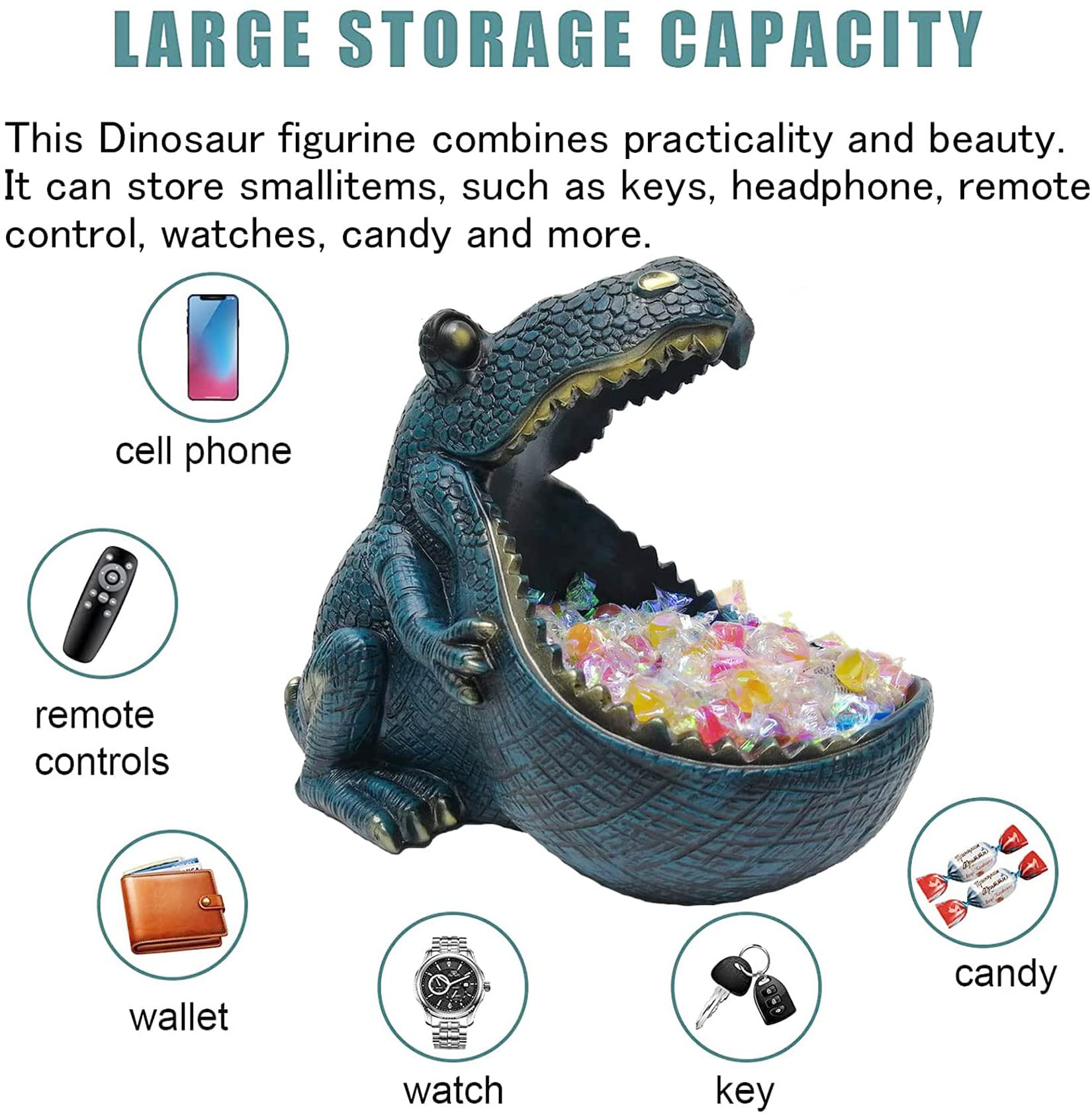 CUZOKOLA Dinosaur Statue Big Funny Unique Candy Bowl for Office Desk Animal Candy Dish for Office Desk Decor and Key Bowl for Entryway Table and Blue Playful Teal Candy Bowls Decorative Home Decor