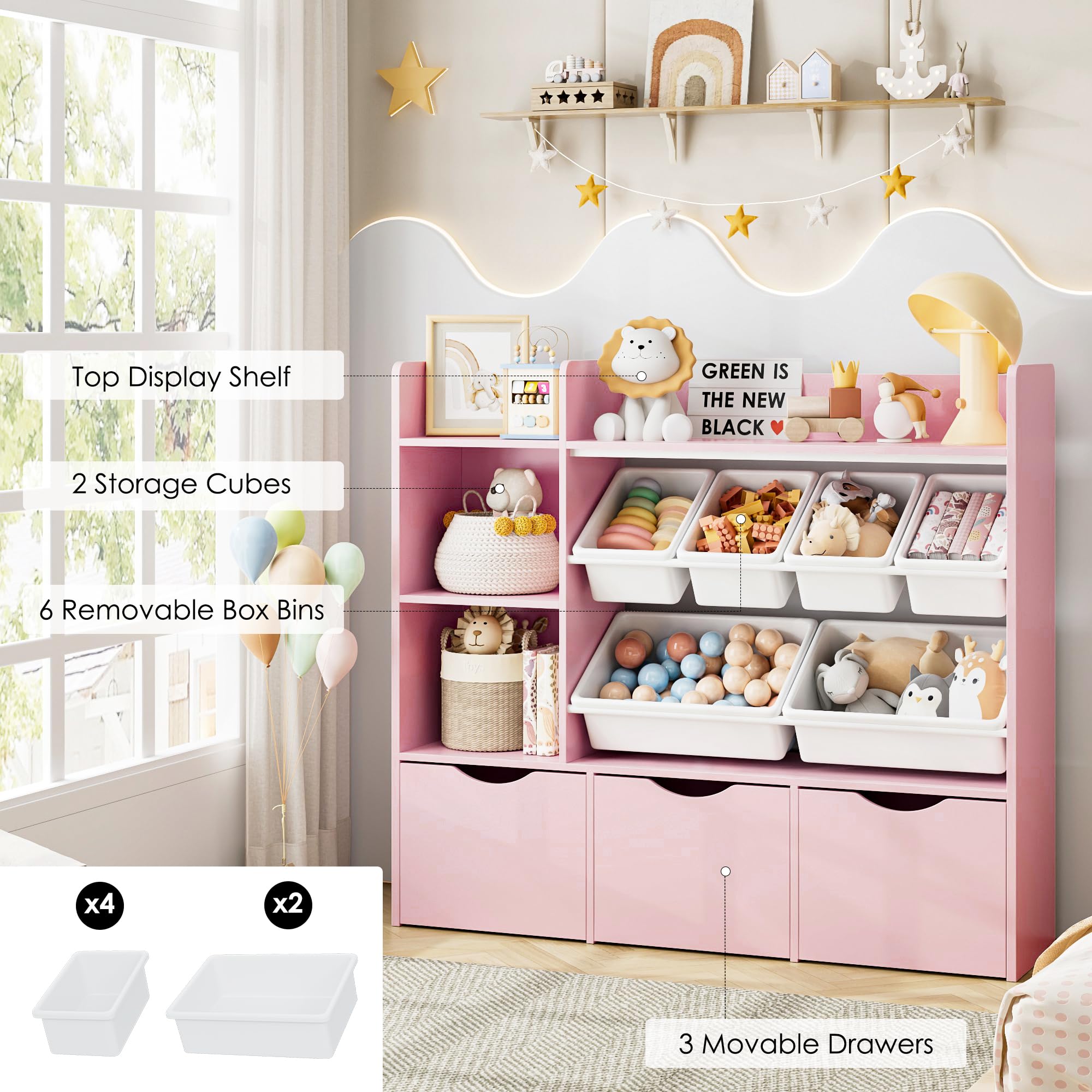 FACBOTALL Toy Storage Organizer with 3 Movable Drawers, Bookshelf and Bookcase with 6 Plastic Bins & 2 Storage Cubbies, Toy Chest with Hidden Wheels, Toy Storage Box for Playroom, School, White