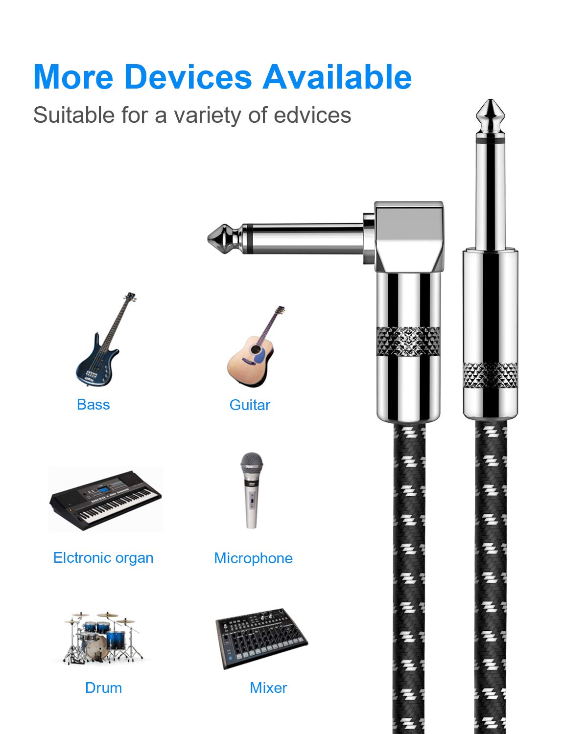 New bee Guitar Cable 2 Pack 20 ft Electric Instrument Cable Bass AMP Cord 1/4 Straight to Right for Electric Guitar, Bass Guitar, Electric Mandolin, Pro Audio