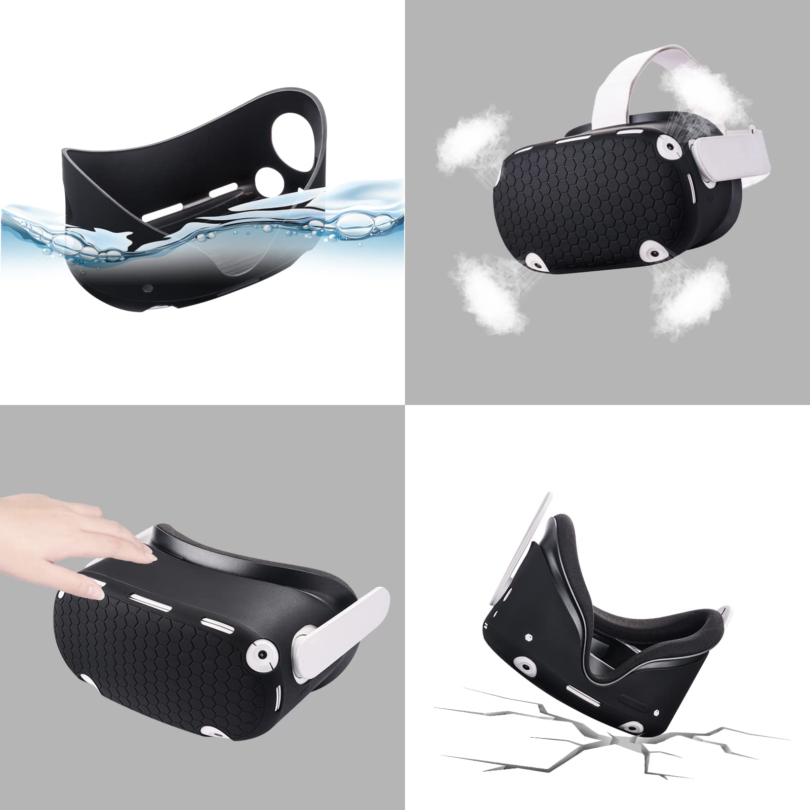 Compatible with Oculus Quest 2 Silicone Case Accessory with VR Case Cover, Silicone VR Face Cover Pad and Touch Controller Grip Cover Compatible with Quest 2, Lens Cover, Eye Mask (Black)