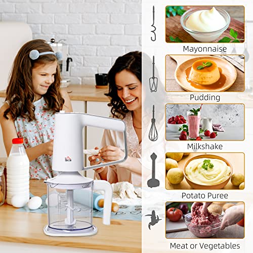 HOMCOM 5-in-1 Electric Hand Mixer, Handheld Mixer with Measuring Cup, 300W Immersion Blender with 5+1P Speeds, Dough Hooks, Chopper, Whisk and Mixers for Meat, Fruit, Mashed Potato and Milkshake