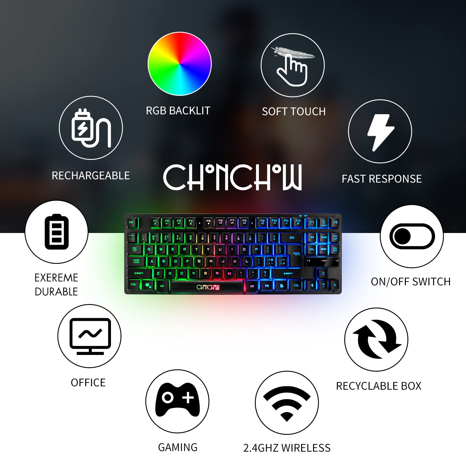 CHONCHOW Wireless Gaming TKL Keyboard Rechargeable Battery LED Backlit 87 Key Mechanical Feeling Ergonomic Tenkeyless Compact Teclado Compatible with MacBook iMac Windows(87 Keys)