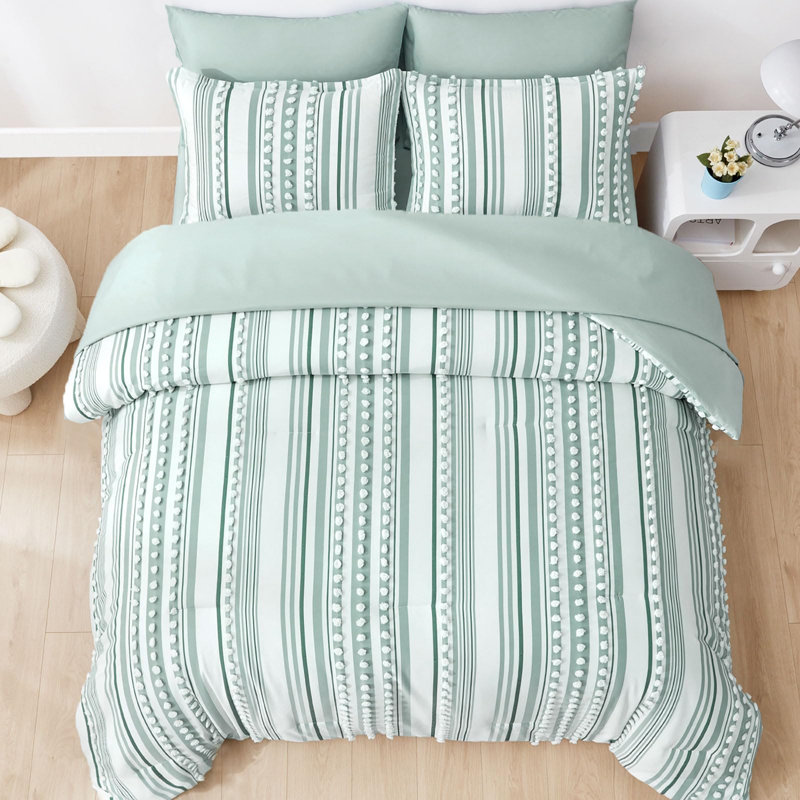 Boho Comforter Set Queen Size Green and White Tufted Ball Striped Design, Shabby Chic Farmhouse Comforter and Sheet Set, 7 Piece Bed in a Bag Pom Pom Complete Bedding Set (90''x90'')