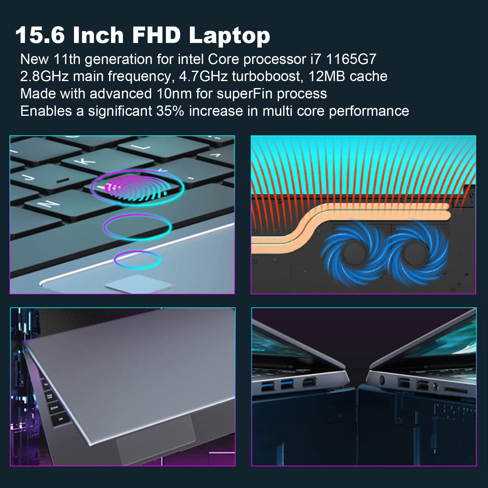 ciciglow 15.6in HD Laptop for Windows 10 11, 16GB RAM 1920 x 1080 Business Laptop, 11th Generation for Intel Core Processor I7 1165G7, 2MP HD Camera, Fingerprint Unlock, Bluetooth 4.0 (512GB US Plug)