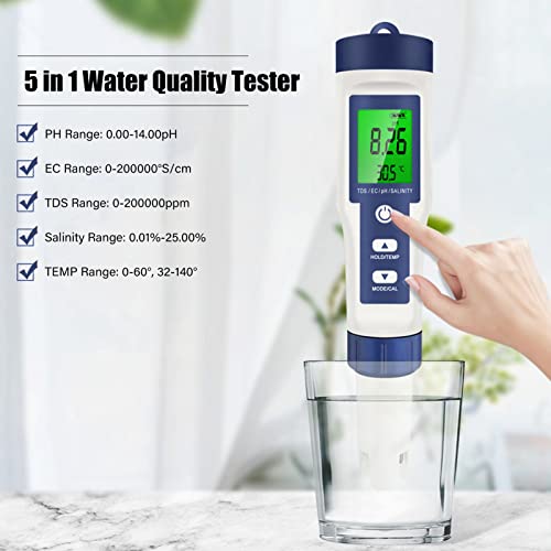 Digital Water Detector, Stable Measuring Water Quality Tester PH Salinity Temp TDS EC IP67 Waterproof for Aquarium
