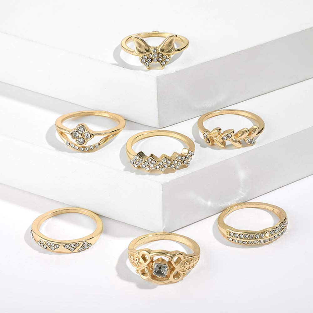Boho Finger Ring Set of 7 Gold Crystal Butterfly Rings Set for Women and Dainty Gold Ring