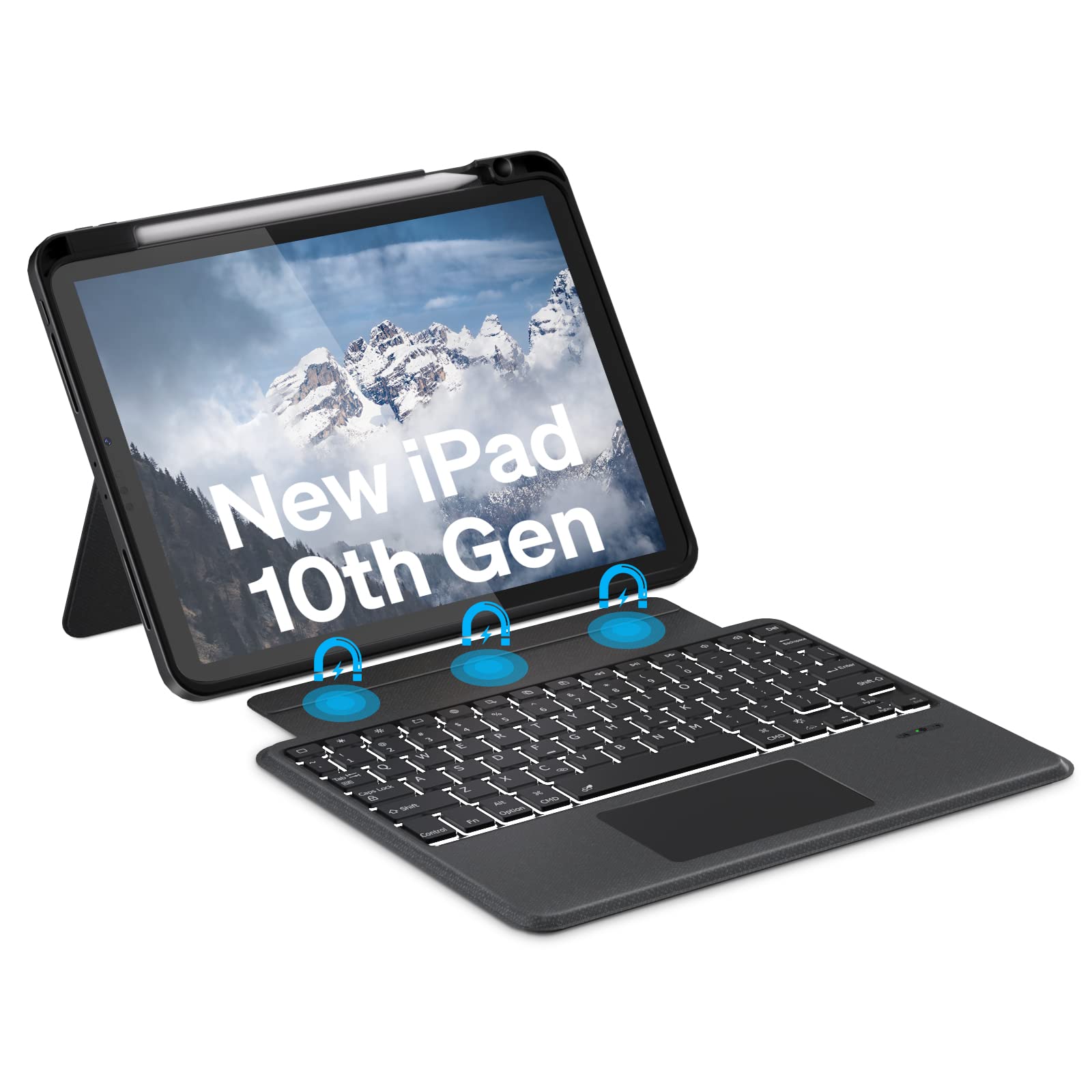 Doohoeek Keyboard Case Touch for New iPad 10.9 inch 10th Generation 2022, Detachable Keyboard with Any-Angle Kickstand & Leather Cover & Breathing 7-Color Backlit & Pencil Holder for iPad 10