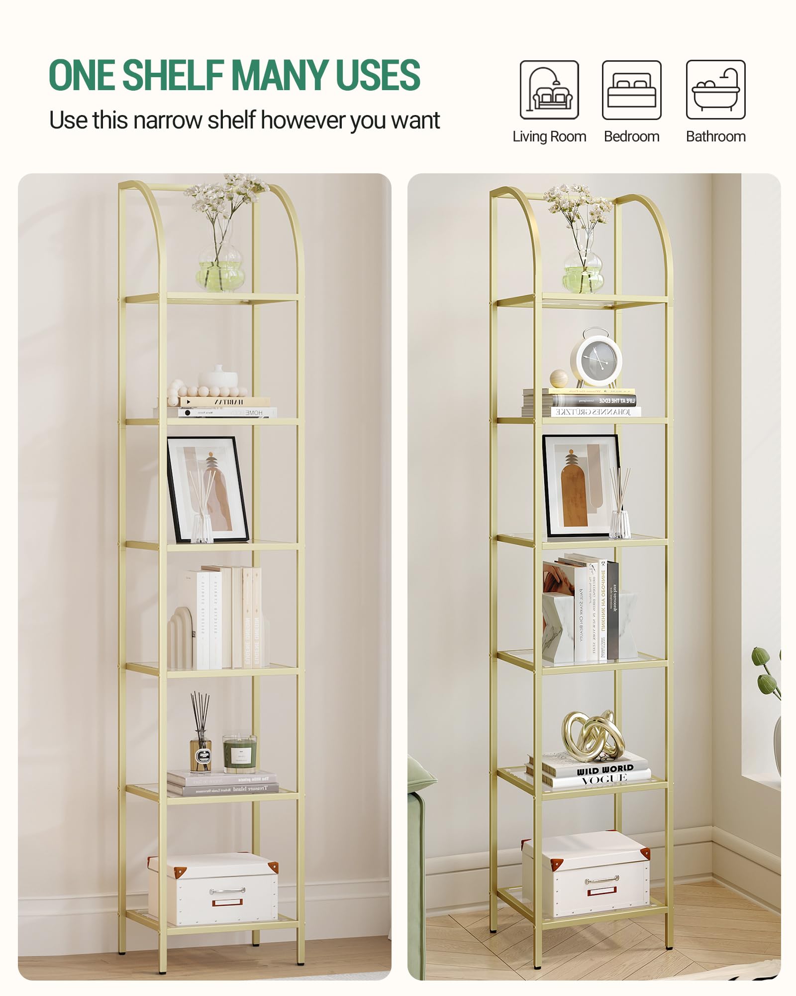 Hzuaneri Bookcase Bookshelf, Tempered Glass Arched Bookshelf for More Storage, Slim Shelving Unit for Bedroom, Bathroom, Home Office, Steel Frame, 6 Tier Gold BC20699G