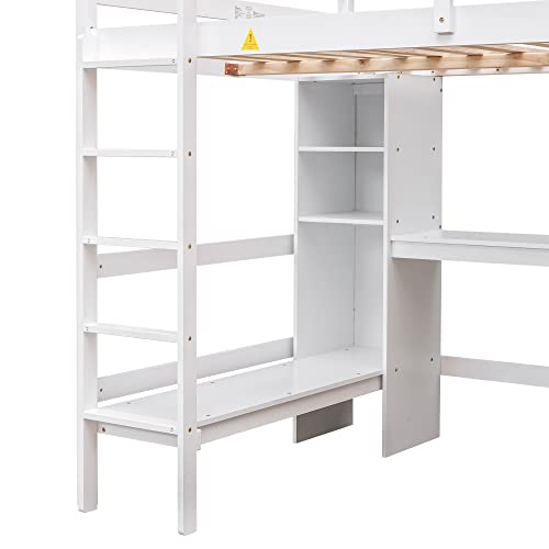 Full Loft Bed with Desk and Storage Shelves, Wood Loft Beds Frame with Bookcase, Modern High Loft for Kids Boys Girls Teens, Full Size, White
