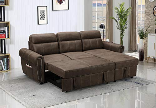 FANYE L-Shaped Oversized Reversible Convertible Tufted Sleeper Sectional Sofa with Pull Out Sleeper Couch Bed,USB Ports, Nailhead Decor Armrests and Storage Chaise for Living Room