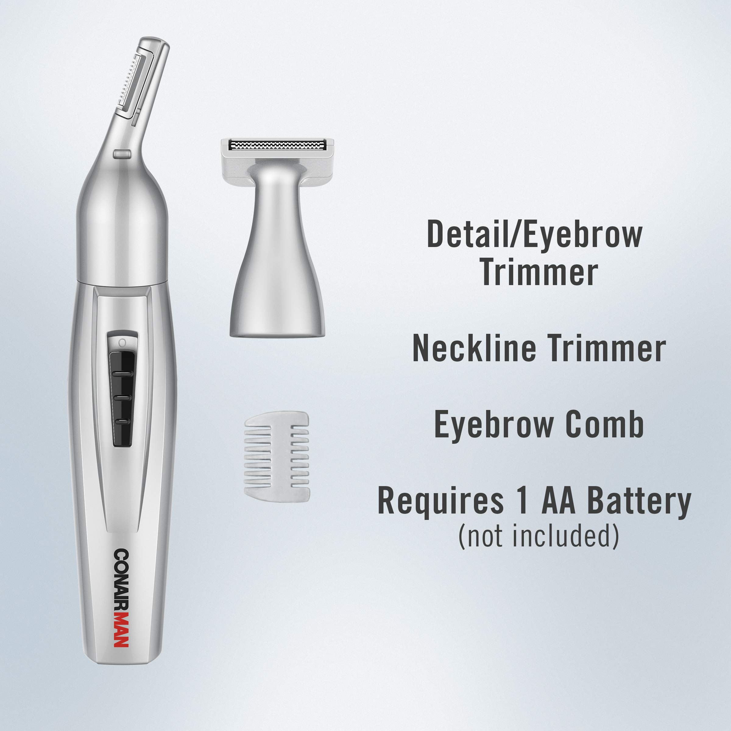 ConairMAN All-in-One Personal Trimmer for Men, for Neckline and Eyebrow Hair Trimmer, 3 piece Men's Grooming Kit, Battery-Powered