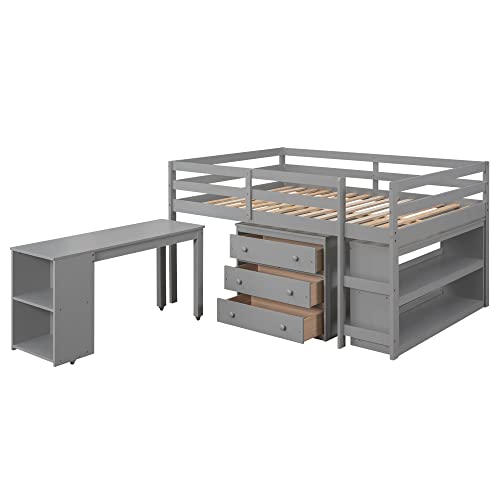 Full Size Loft Bed Frame with Rolling Portable Desk and Cabinet, Wooden Low Study Bedroom Loft Bed with 3 Storage Drawers, Bookshelf, Ladder and Safety Guardrails, Not Included Mattress, Gray