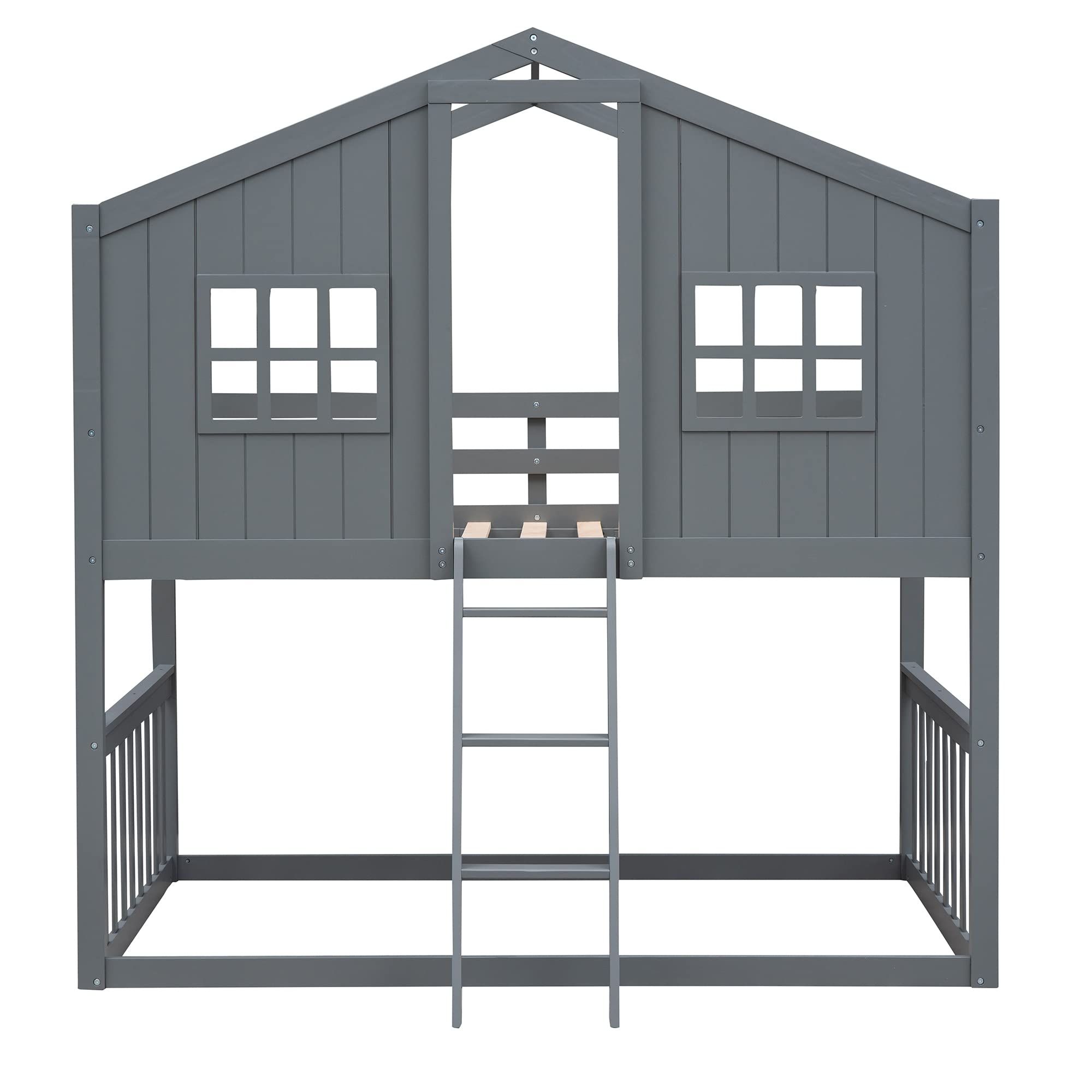 Harper & Bright Designs House Bunk Beds, Twin Over Twin Bunk Bed with Roof, Ladder and Windows, Floor Bunk Bed, Low Bunk Loft Bed for Kids Teens Boys & Girls, Gray