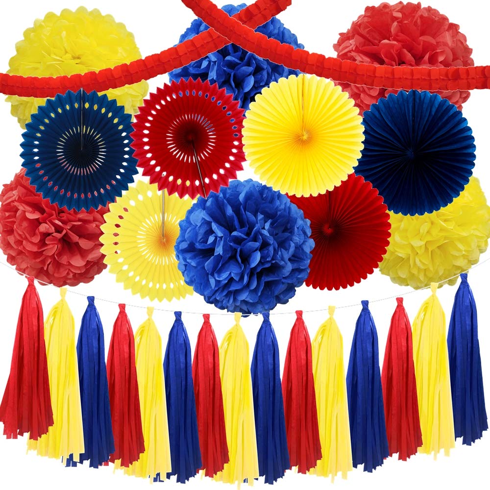 InBy Carnival 28PCS Red Blue Yellow Party Decorations Kit - 12" 10" Tissue Flower Paper Pom Poms 8" Paper Fan Tassel Garland for Birthday Bridal Baby Shower Wedding Bachelorette Decoration Supply