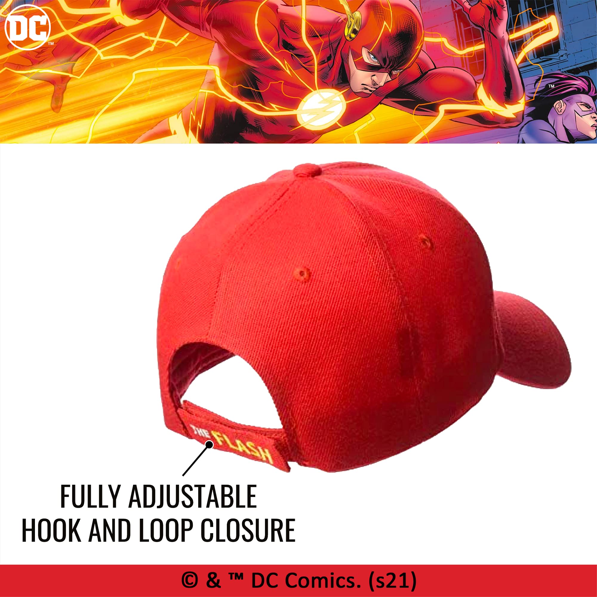 Concept One DC Comics The Flash Embroidered Logo Polyester Adjustable Baseball Cap with Curved Brim, Red, One Size