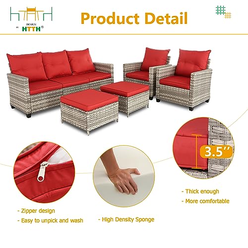 HTTH Patio Furniture Sets PE Rattan Wicker Outdoor Conversation Set Patio Sectional Sets Patio Sofa Couch Set with 2 Ottomans for Porch, Balcony, Lawn (Gray-Red)