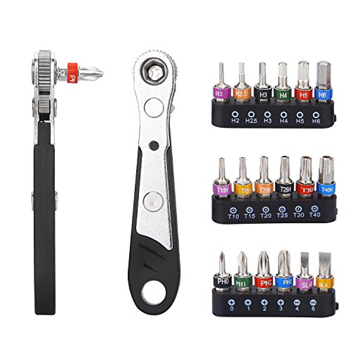 Gazeer 19pcs S2 Micro Ratchet Wrench Screwdriver Bit Set with Phillips,Slotted,Hexagon and Torx 1/4" Drive Size,Reversible Drive Handle and Multi Bits Set