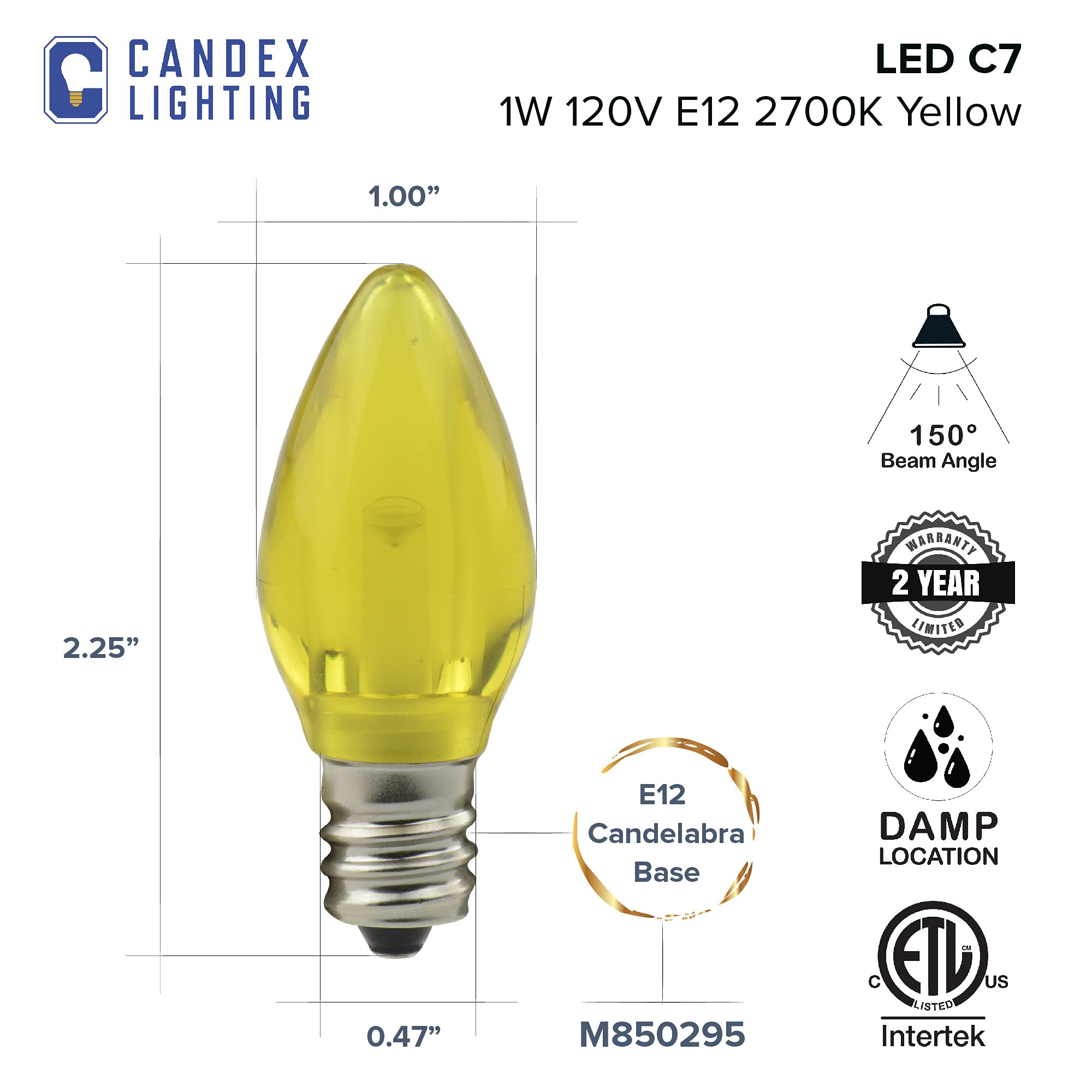 Candex Yellow C7 Christmas Holiday LED 10W Equivalent 1W Blub, E12 Candelabra Base, Not Dimmable (2 Pack)