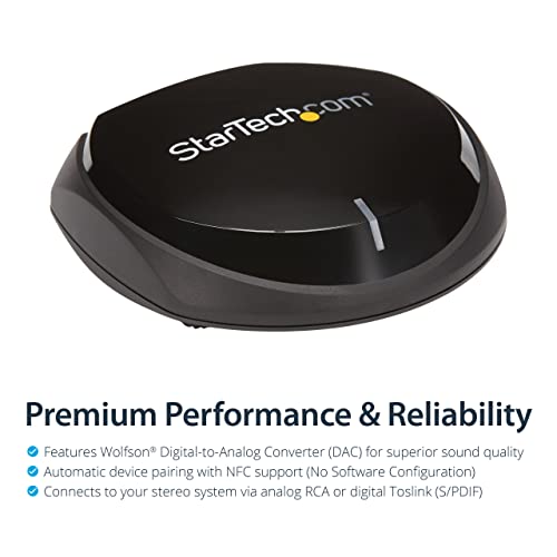 StarTech.com Bluetooth Audio Receiver with NFC - 3.5mm Jack/RCA/SPDIF (Toslink) - BT 5.0 - HiFi Wolfson DAC - Bluetooth Stereo Receiver for Speakers/PC/TV - Wireless Bluetooth Aux Adapter (BT52A)