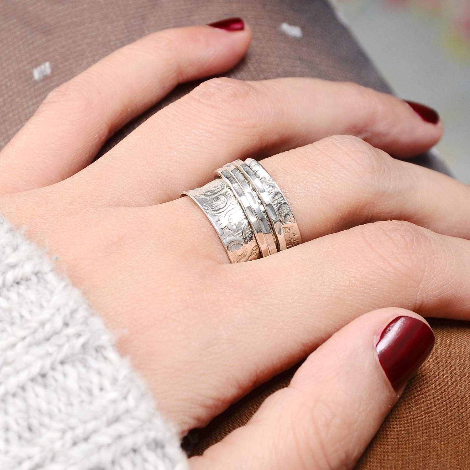 Boho-Magic 925 Sterling Silver Spinner Ring for Women | 3 Spinning Rings Bands | Fidget Meditation Anxiety | Wide Statement Chunky Jewelry Size 7-9 (8)