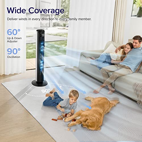 LEVOIT Tower Fan, Oscillating Quiet 42 Inch Fan 25ft/s Velocity 25dB With DC Motor, 12 Speeds Bladeless with Remote Blows Cold Air, 4 Modes, 12H Timer, Standing Fan for Home, White, 9.21D*8.62W*43.9H