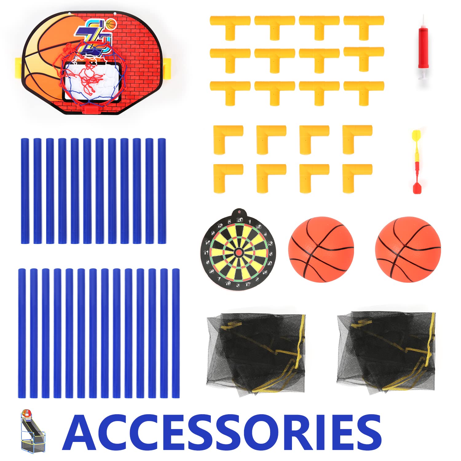OMNISAFE Arcade Basketball Hoop Game Set for Kids & Dart Board, Basketball Game Training System, Includes 2 Balls, 1 Air Pump and Slide Ramp