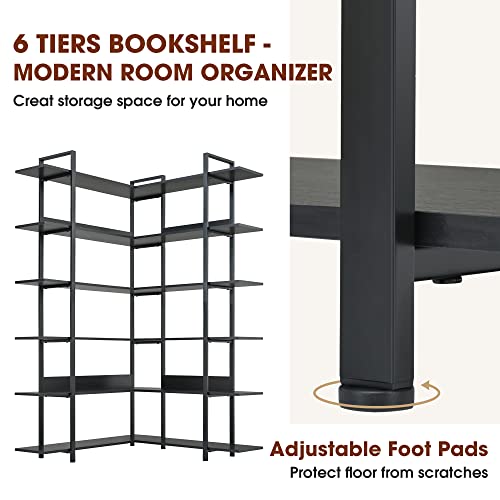Lifeand 70.8''H Bookshelf MDF Boards Stainless Steel Frame, 6-Tier Shelves with Back&Side Panel, Adjustable Foot Pads, Black