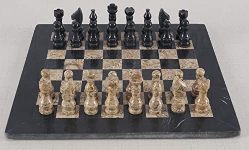 RADICALn 15 Inches Large Handmade Black and Fossil Coral Weighted Marble Full Chess Game Set Staunton and Ambassador Gift Style Marble Tournament Chess Sets