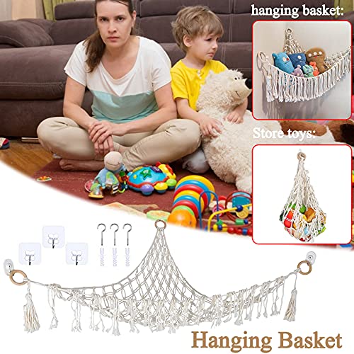 Storage Hammock Stuffed Toy Organizer, Plush Animals Fruit Vegetable Holder, Boho Wall Sling Corner Cotton Rope Hand-woven Mesh Net Bag, Stuff Display Easily (Medium)