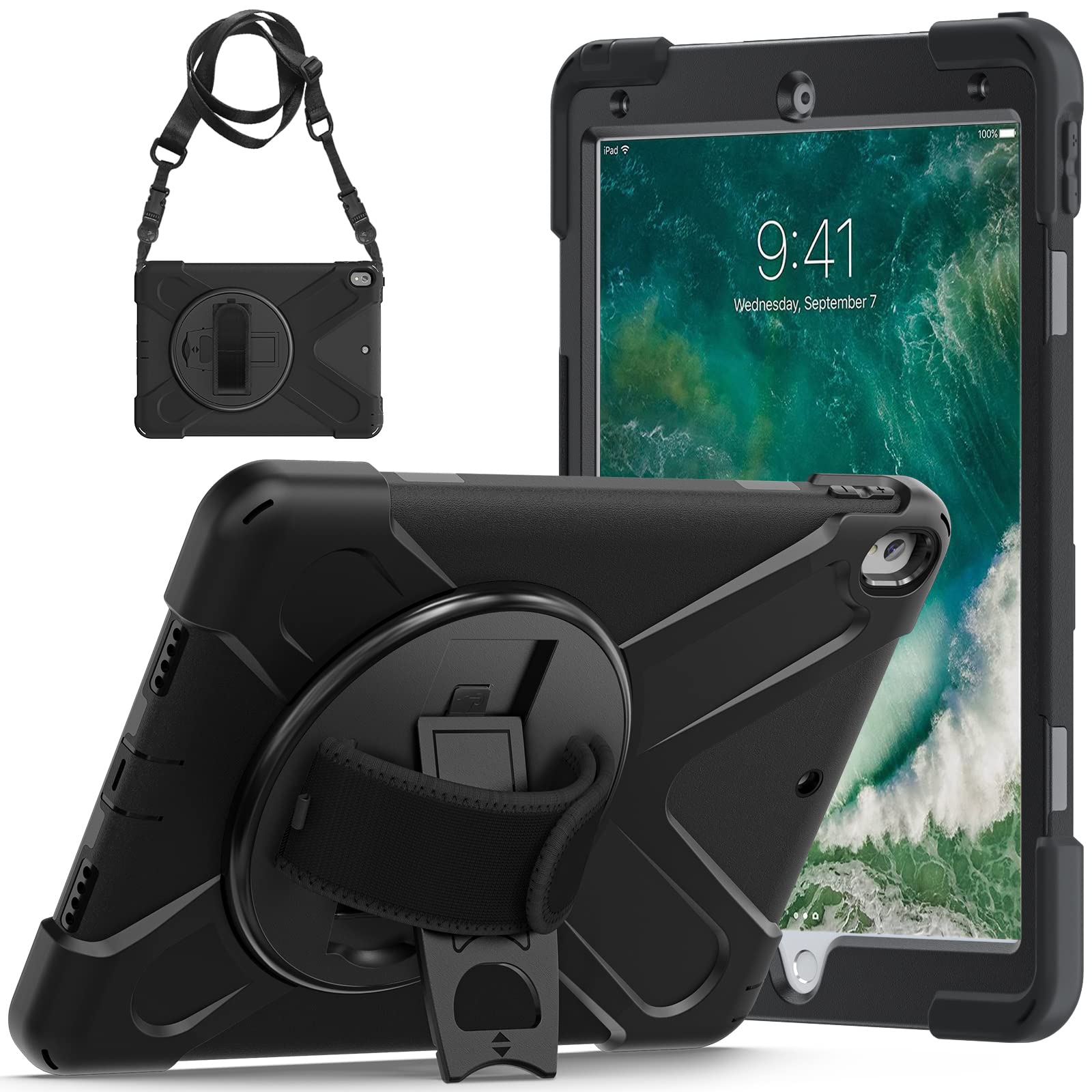 TSQ Case for iPad Air 3 10.5" 2019/ Pro 10.5 Inch Case 2017 | Military Grade Heavy Duty Rugged Protective Kids Case with Rotating Stand, Hand/Shoulder Strap, Cover for iPad Air 3rd Generation | Black
