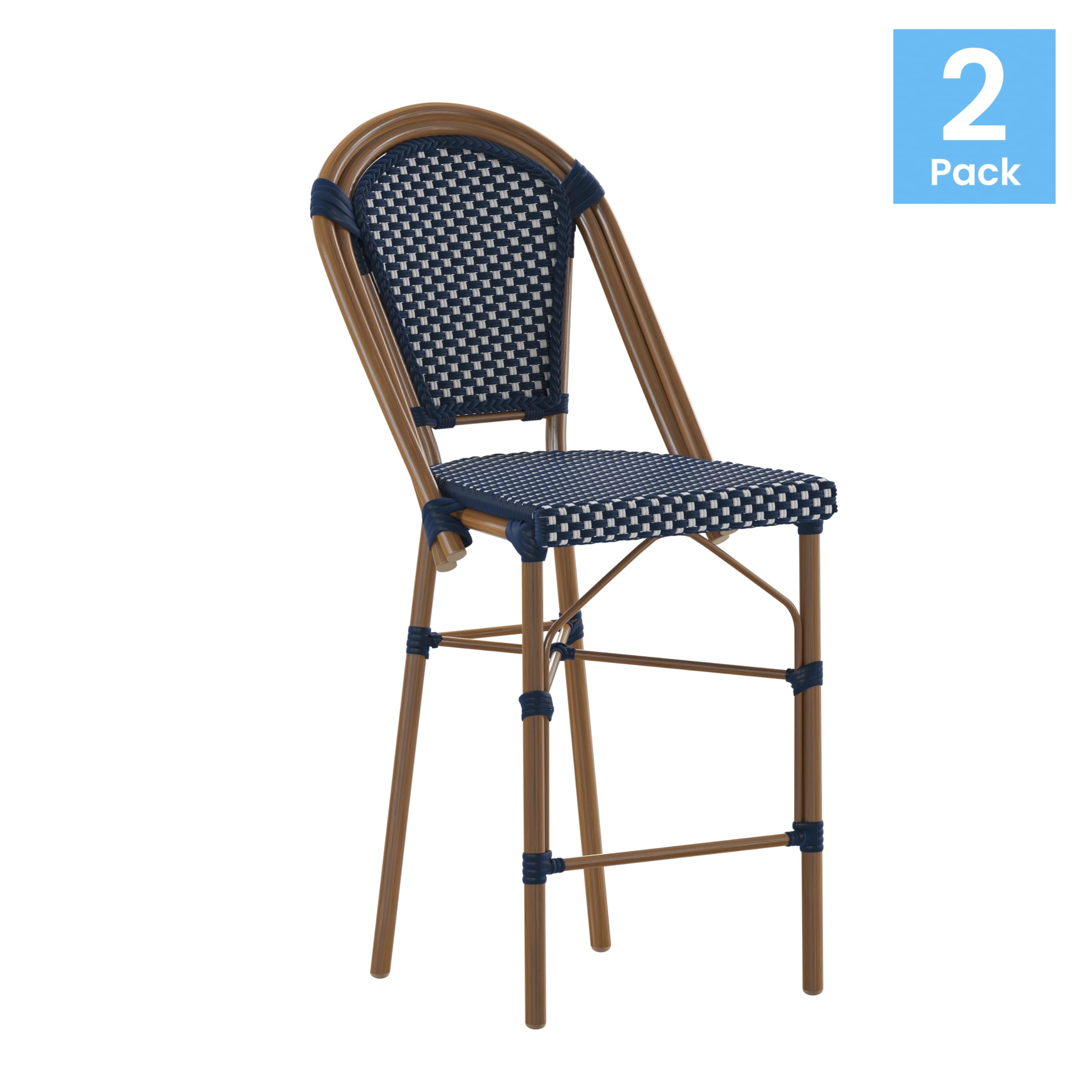 EMMA + OLIVER Soie Bistro Counter Stool - Stacking Indoor/Outdoor PE Rattan Counter Stool with Bamboo Finish Frame - 26" High - Set of Two - Navy/White