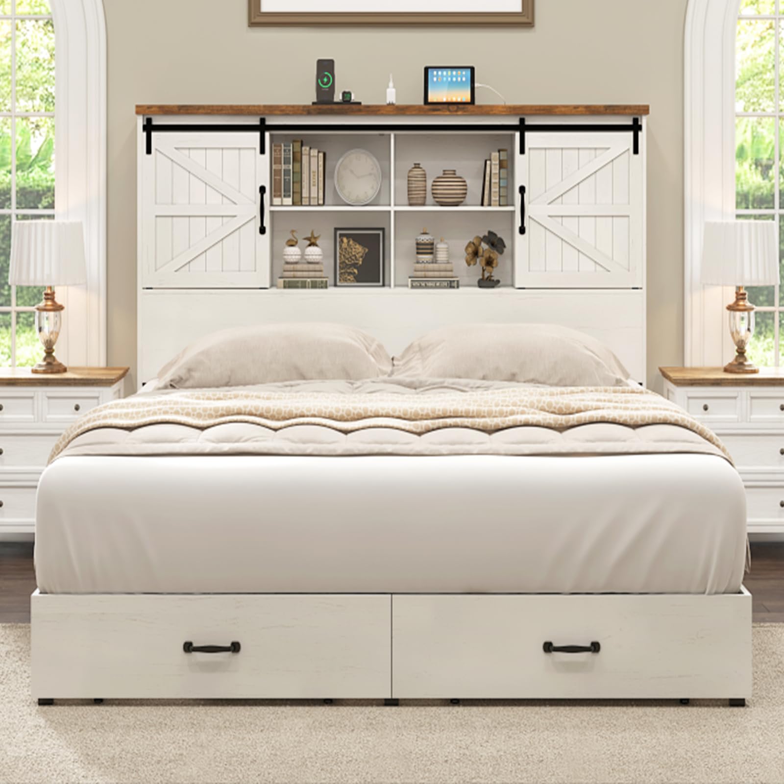 HOWE King Size Wood Platform Bed Frame with 51.2" Bookcase Headboard, Storage Bed with Sliding Barn Door Charging Station 2 Drawers, No Box Spring Needed/Farmhouse/White