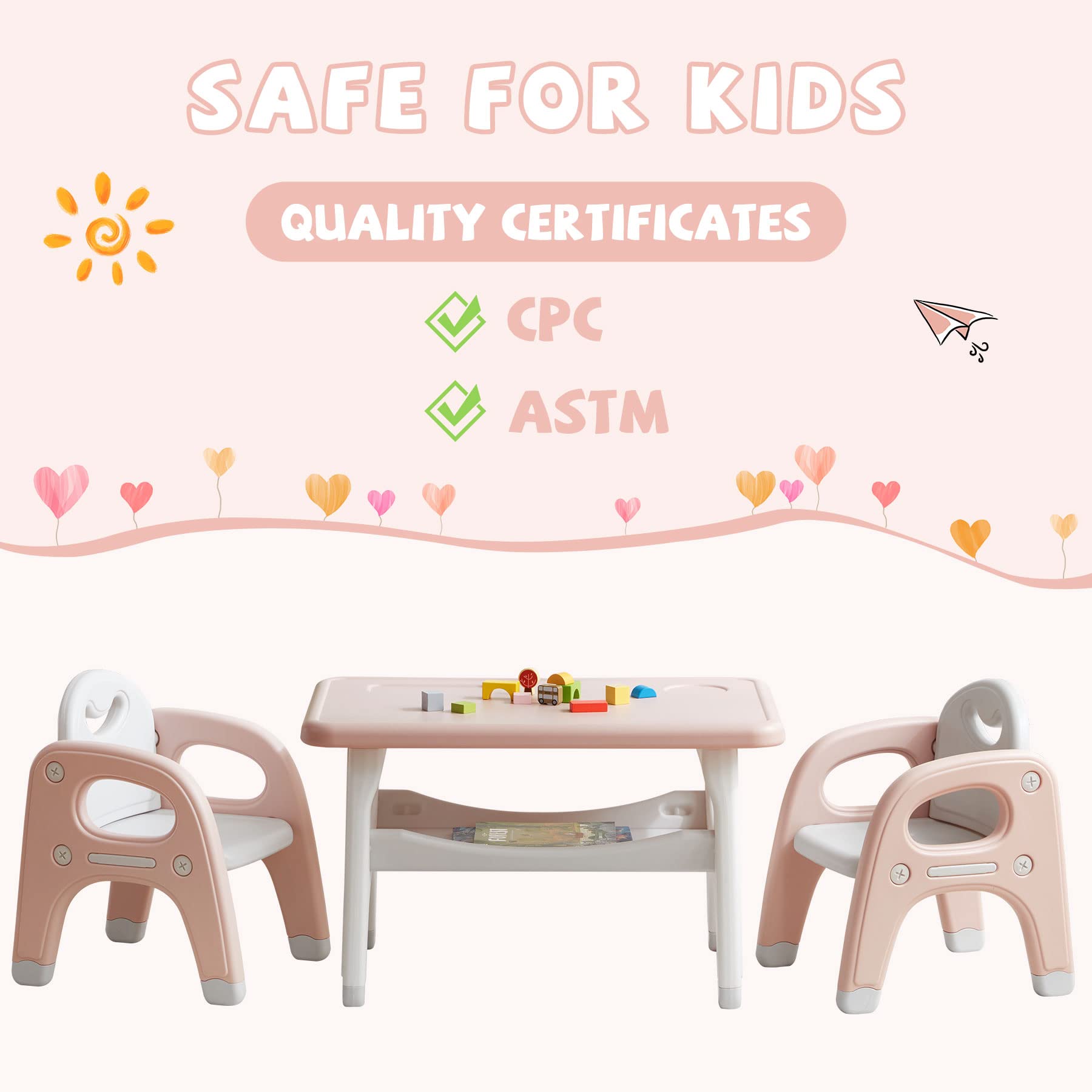 DOREROOM Kids Table and Chair Set, Plastic Children Activity Table with 2 Chairs, Toddler Table and Chair Set for Reading, Drawing, Snack Time, Arts Crafts, Preschool, Gift for Boys Girls