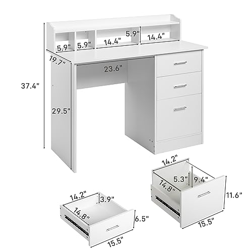 Karl home White Computer Desk with Drawers & Hutch, Modern Home Office Desks with Storage for Kids Students Teens, Small Wood Table for Work Study Gaming Writing, PC Laptop Workstation