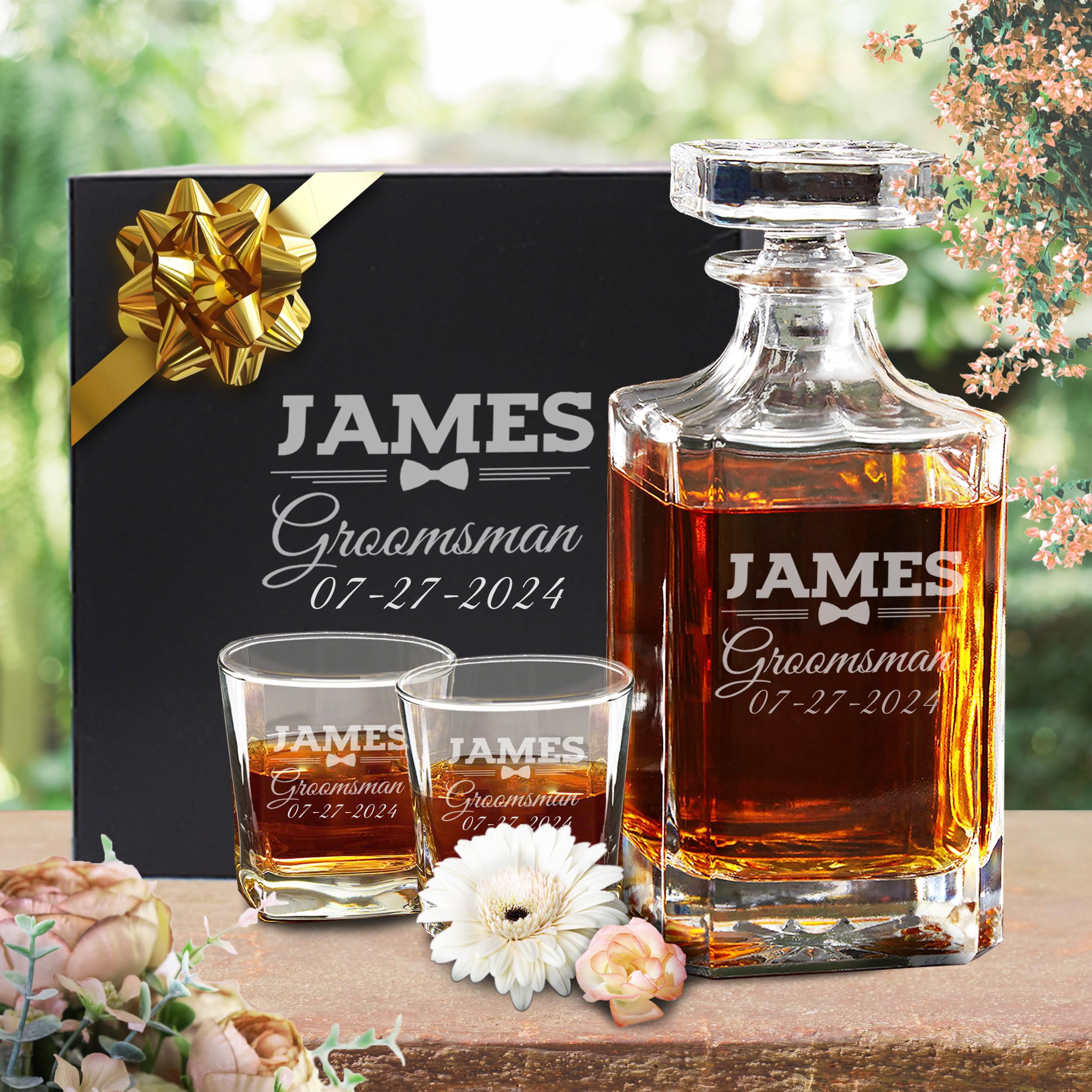 Custom Personalized Best Man, Groomsmen, Groom Whiskey Decanter and Rocks Glasses Set - Engraved with WPS Design (Decanter and 2 Glasses)