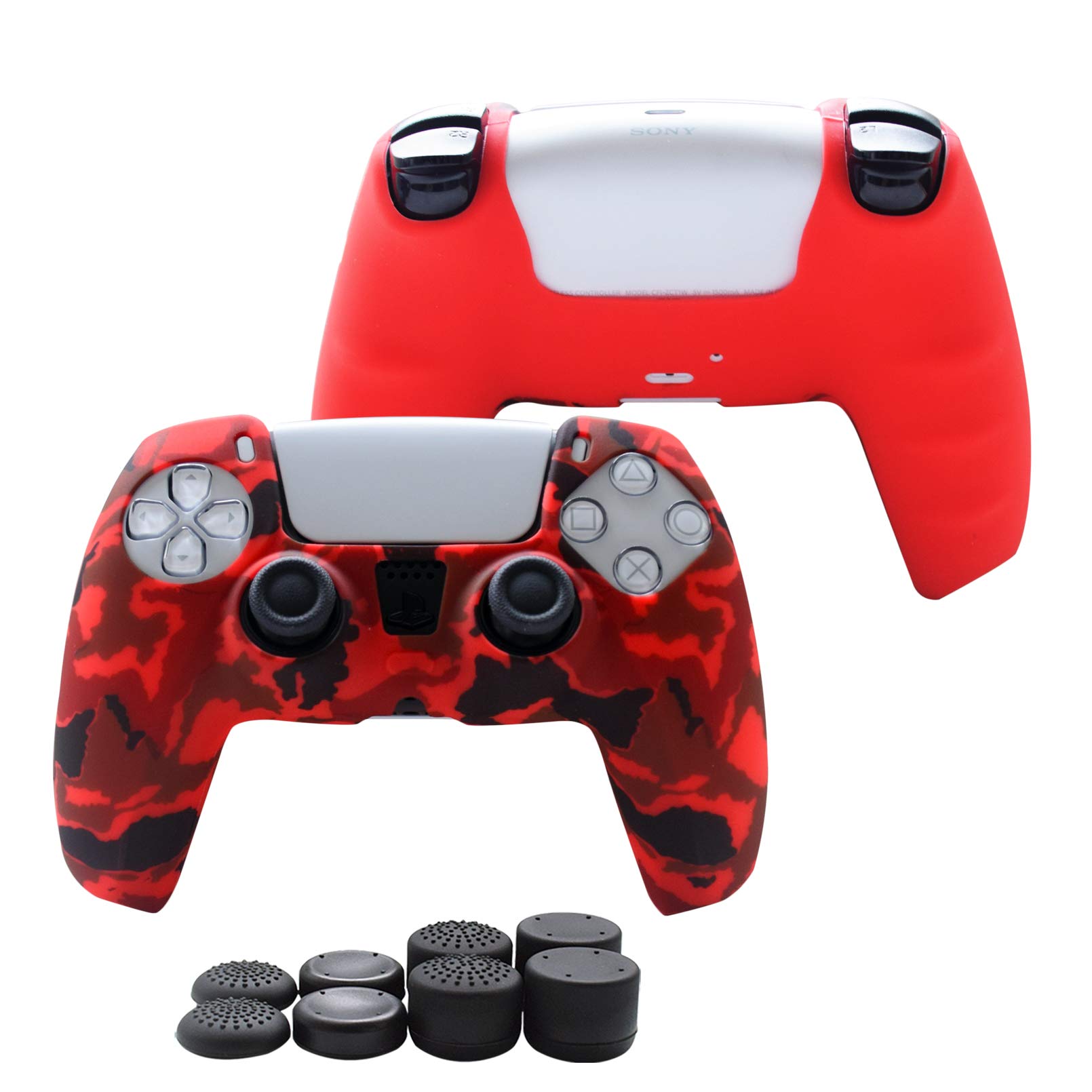 PS5 Controller Skin,Hikfly Silicone Cover for PS5 Controller Grips,Non-Slip Cover for PlayStation 5 Controller- 1 x Skin with 8 x Thumb Grip Caps(Red)
