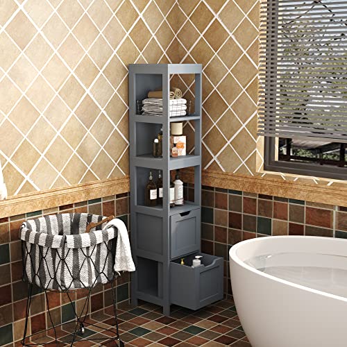 HOMEFORT Bathroom Storage Cabinet, Slim Tall Cabinet, Narrow Floor Cabinet Organizer, Wooden Linen Tower with 2 Drawers and 3 Shelves, Freestanding Storage Cupboard (Grey)