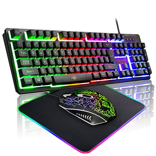 FELICON Wired Gaming Keyboard and Mouse Combo & 10 RGB Mouse Pad Set Waterproof 104 Keys Rainbow Backlight Mechanical Feel Keyboard and Crack Glowing Mouse for Laptop PC Computer Gaming and Work
