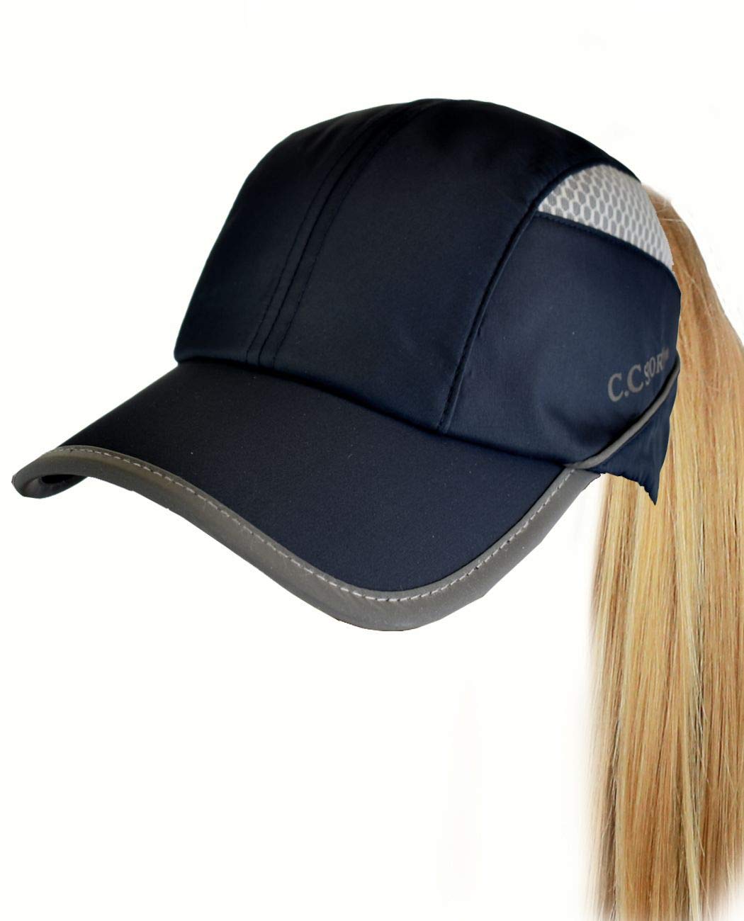 C.C Ponycap Messy High Bun Ponytail Water Resistant Adjustable Mesh Reflective Sporty Baseball Cap, Hot Pink
