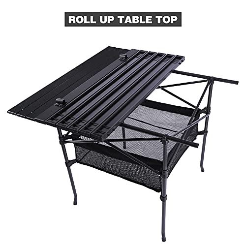 CAMPMOON Aluminum Camping Table Roll Top with Mesh Storage, Folding Lightweight Roll Up Table Square for Outdoor Camping Grill, Black, 34.6X34.6 Inch