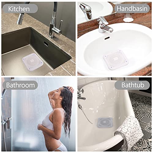 Drain Hair Catcher, 4 Pack Square Drain Cover for Shower Silicone Hair Stopper Bathroom Sink Strainer with Adjustable Suction Cups (2 Grey + 2 White)