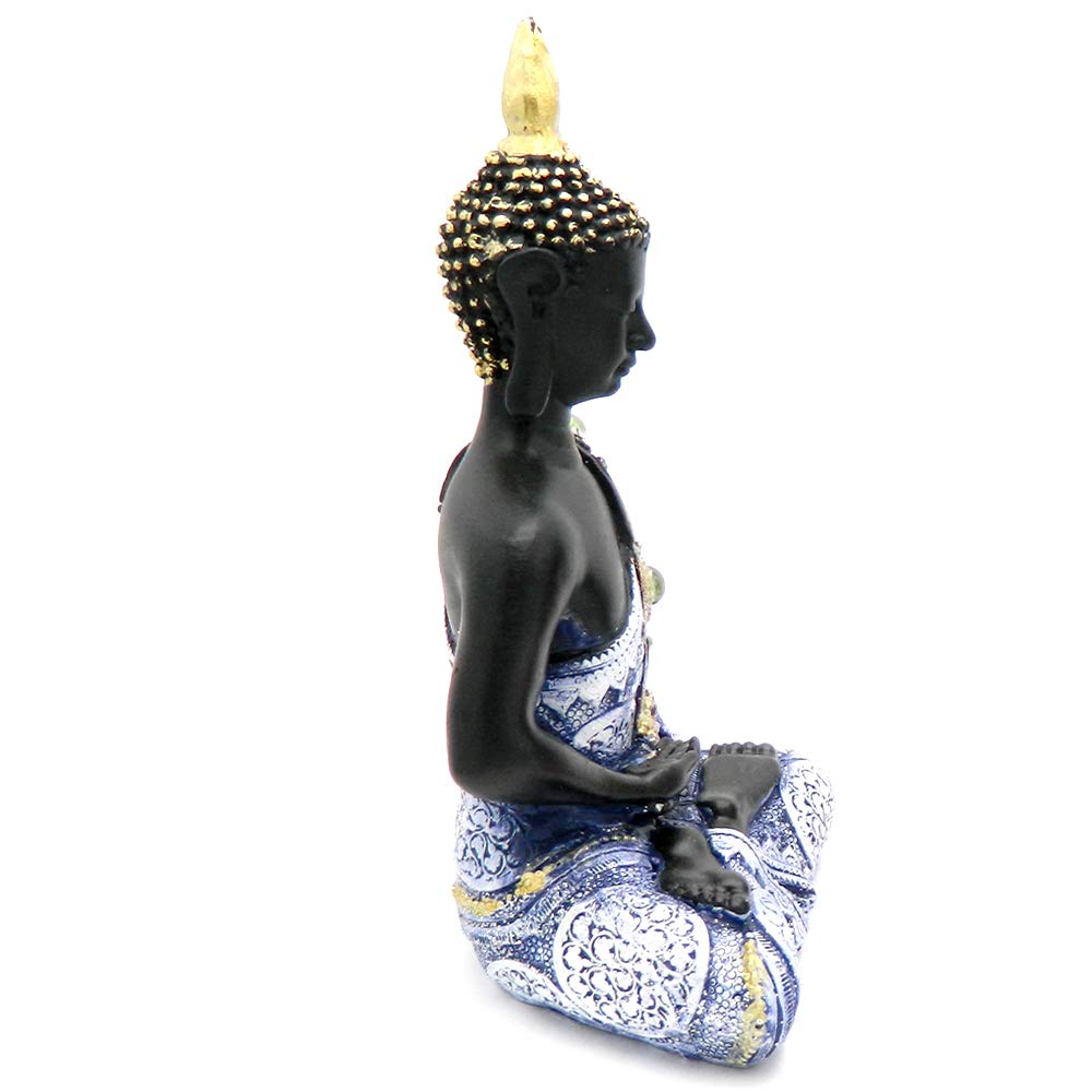 Rockin Buddha Statue Black Body Dress Blue Antiques 8 inches Tall Pattern Decoration Mantra Buddha Home Decoration Office Meditation Room Temple Statues for Home Decor