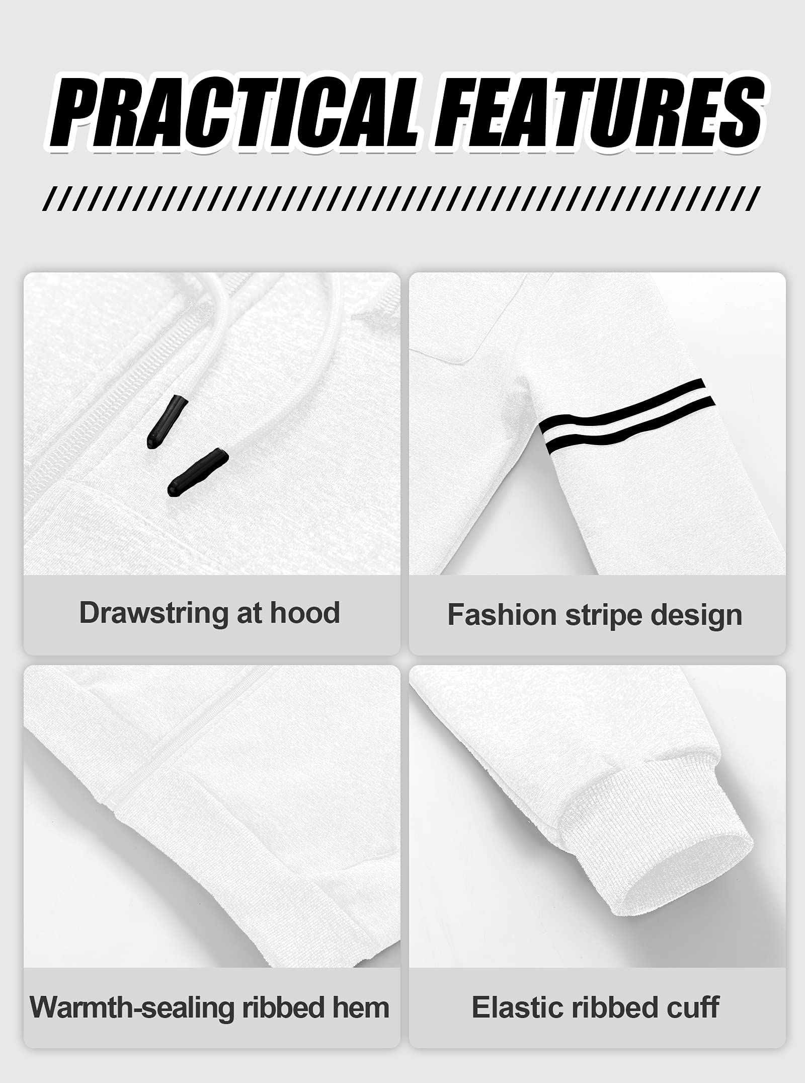 Chrisuno Men's Athletic Fit Full Zip Fleece Large Hooded Sweatshirt Active Breathable Hoodie S White